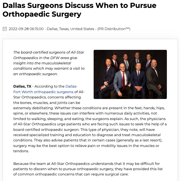 Orthopedic Surgery Dallas Fort Worth TX All Star Orthopaedics