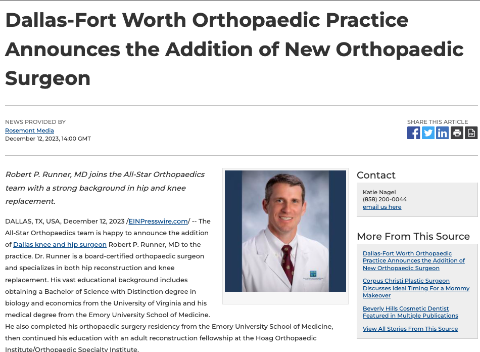 DFW Orthopaedic Practice Announces Addition of New Surgeon